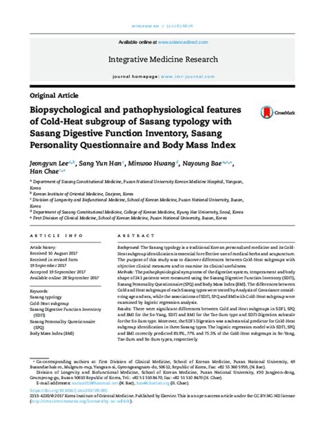 Pdf Biopsychological And Pathophysiological Features Of Cold Heat Subgroup Of Sasang Typology
