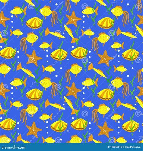 Seamless Abstract Pattern With Fish And Shellfish In Flat Style Stock