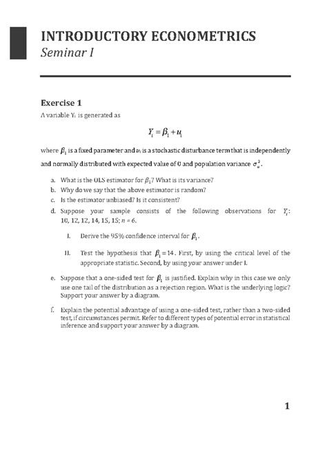 Seminar 1 Questions Introductory Econometrics Seminar I Exercise 1 A Variable Yi Is Generated