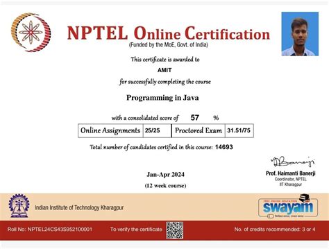 I Am So Thrilled To Share That I Have Completed My Java Nptel Course
