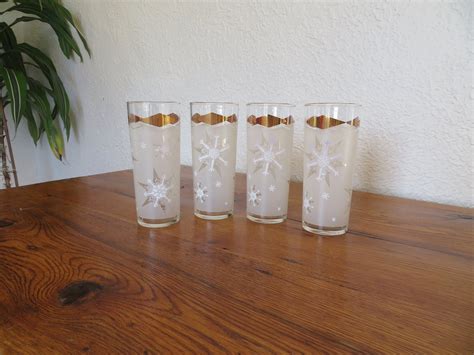 Vintage Libbey Snowflake White Gold Mcm Barware Tumbler Drinking Glasses Set Of 4 Hiball Tom