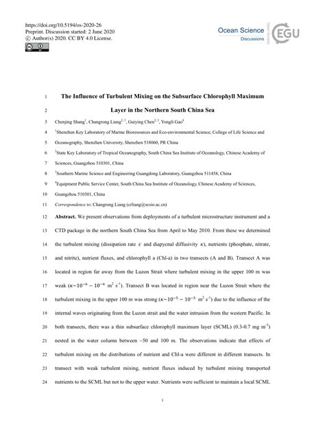 Pdf The Influence Of Turbulent Mixing On The Subsurface Chlorophyll