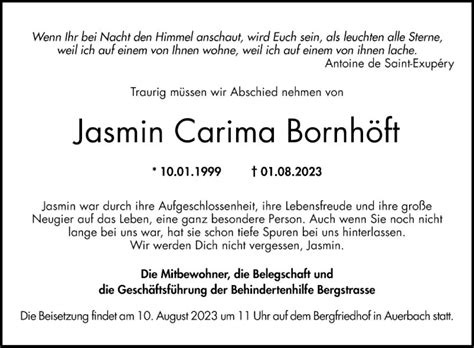 Traueranzeigen Von Jasmin Bornhöft Trauerportal Ihrer Tageszeitung