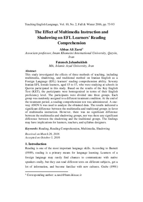 Pdf The Effect Of Multimedia Instruction And Shadowing On Efl Learners Reading Comprehension