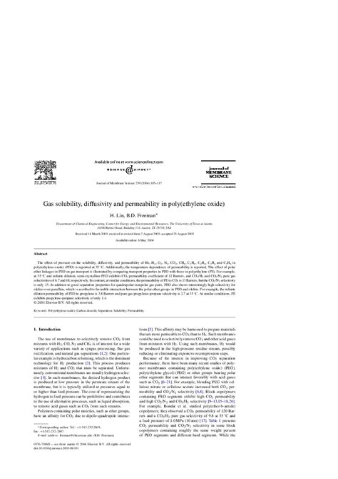 Pdf Gas Solubility Diffusivity And Permeability In Poly Ethylene Oxide