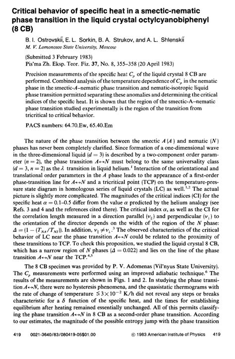 Pdf Critical Behavior Of Specific Heat In A Smectic Nematic Phase