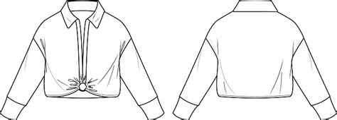 버튼 패션 Cad 칼라 기술 도면 스케치 템플릿 플랫 모형과 여성 작물 셔츠와 벡터 긴 소매 티셔츠 저지 또는 짠 직물 상단 전면 후면보기 흰색 색상 0명에 대한 스톡 벡터