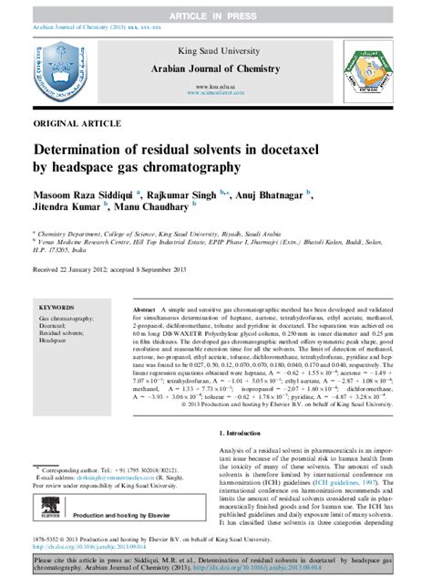 Pdf Determination Of Residual Solvents In Docetaxel By Headspace Gas Chromatography