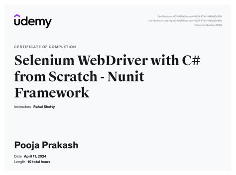 Completed Selenium Webdriver With C Course On Udemy Pooja Prakash