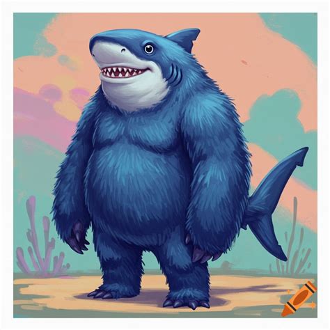 A Cartoonish Blue Furry Creature With A Shark Head And Tail Stands In A