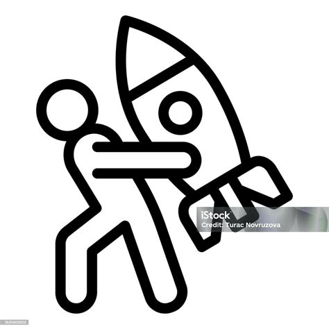 남자는 로켓 라인 아이콘을 가지고 있습니다 진보적인 경력 우주선 기호를 들고 있는 사람 흰색 배경에 윤곽선 스타일 픽토그램 모바일 웹 디자인을 위한 팀워크 벡터 그래픽 0