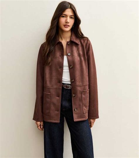 Dark Brown Faux Suede Button Front Jacket New Look