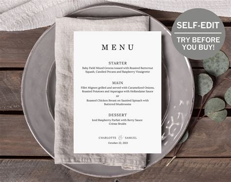 Simple Wedding Menu Template Try Free Demo Wedding Menu Etsy
