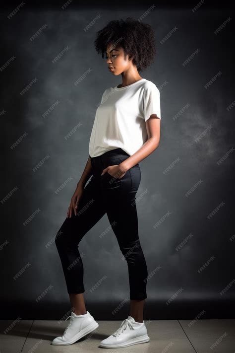 Premium Ai Image A Woman In A White Top And Black Pants Stands In