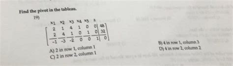 Solved Find The Pivot In The Tableau A 2 In Row 1 Column