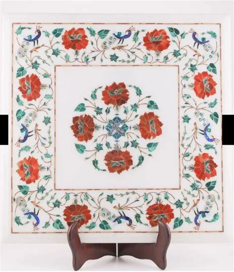 White Mughal Print Square Marble Inlay Bedside Table Top Material