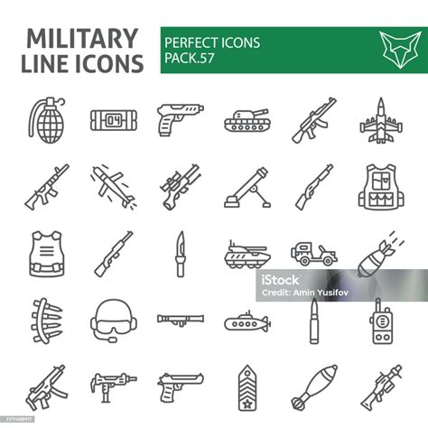 군사 라인 아이콘 세트 전쟁과 육군 기호 컬렉션 벡터 스케치 로고 삽화 무기 표지판 흰색 배경에 고립 된 선형 그림 패키지