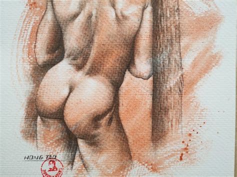 Naked Man By Tree Realistic Charcoal Sketch Drawing Hongtao Huang