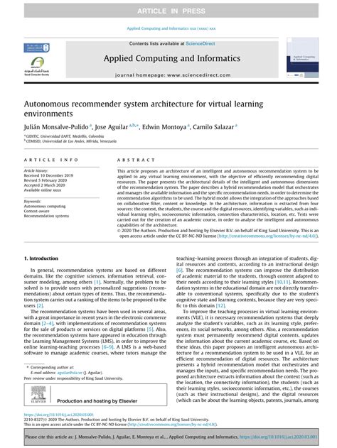 Pdf Autonomous Recommender System Architecture For Virtual Learning Environments