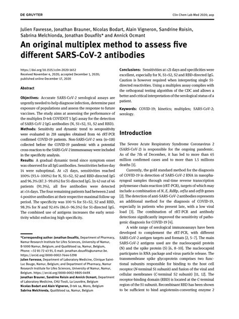 Pdf An Original Multiplex Method To Assess Five Different Sars Cov 2 Antibodies