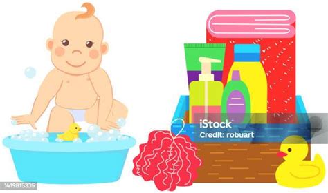상자에 욕실 용품 세트 근처의 거품 분지에 앉아있는 아기 몸 청소를위한 목욕 액세서리 개념에 대한 스톡 벡터 아트 및 기타 이미지 개념 개인 장식품 개체 그룹