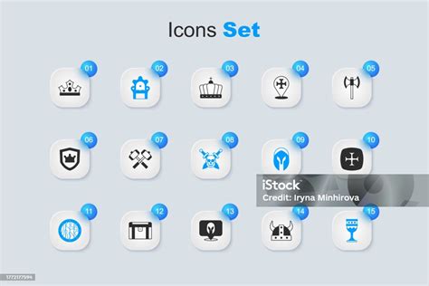 뿔 헬멧 교차 전투 망치 중세 왕좌 둥근 나무 방패 잔 십자군 왕관 및 칼 아이콘이 있는 해골에 바이킹을 설정합니다 벡터 The Crusades에 대한 스톡 벡터 아트 및