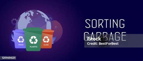 쓰레기와 폐기물 분류 쓰레기 통 플라스틱 종이 및 유리 폐기물 쓰레기통으로 평평한 벡터 개념을 생태및 재활용하십시오 텍스트가