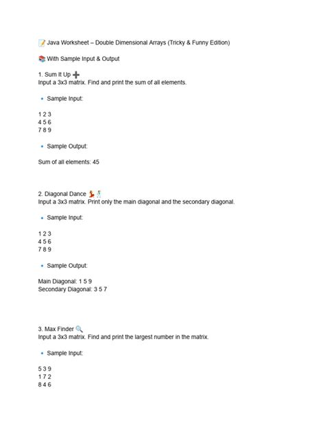 Java Worksheet Double Dimensional Arrays Tricky And Funny Edition Pdf