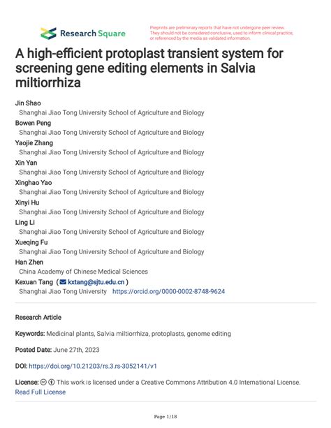 Pdf A High Efficient Protoplast Transient System For Screening Gene Editing Elements In Salvia