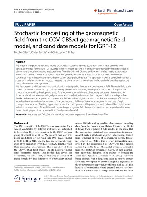 Pdf Stochastic Forecasting Of The Geomagnetic Field From The Cov Obs X1 Geomagnetic Field