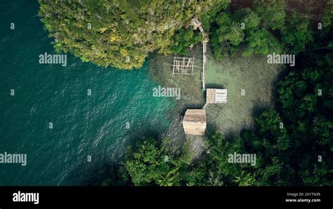 Drone Ocean And Wood Building In Nature By Beach Forest And Woods