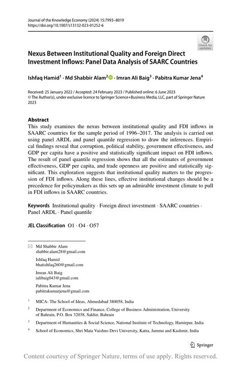 Nexus Between Institutional Quality And Foreign Direct Investment Inflows Panel Data Analysis
