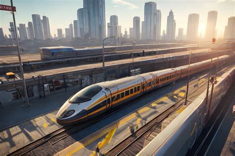 Image Of Scene Of The Futuristic High Speed Railway System And Station Stock Illustration