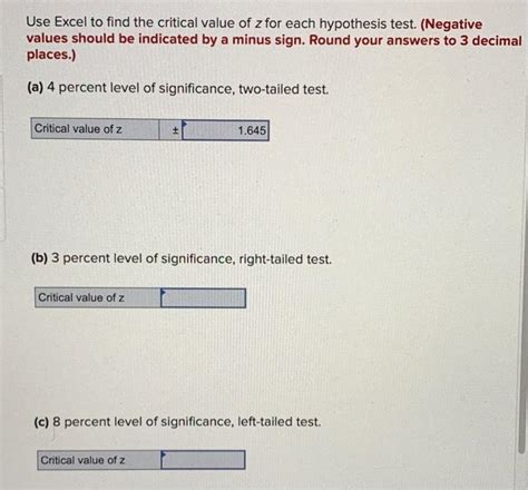 solved use excel to find the critical value of z for each