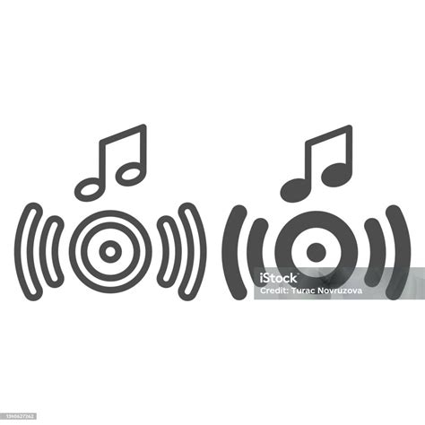 스피커 음파 및 노트 라인과 솔리드 아이콘 사운드 컨셉 흰색 배경의 라우드 스피커 벡터 사인 모바일 컨셉 및 웹 디자인을 위한