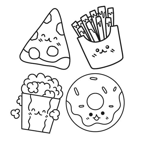 패스트푸드의 손으로 그린 카와이 색칠 페이지 프리미엄 벡터