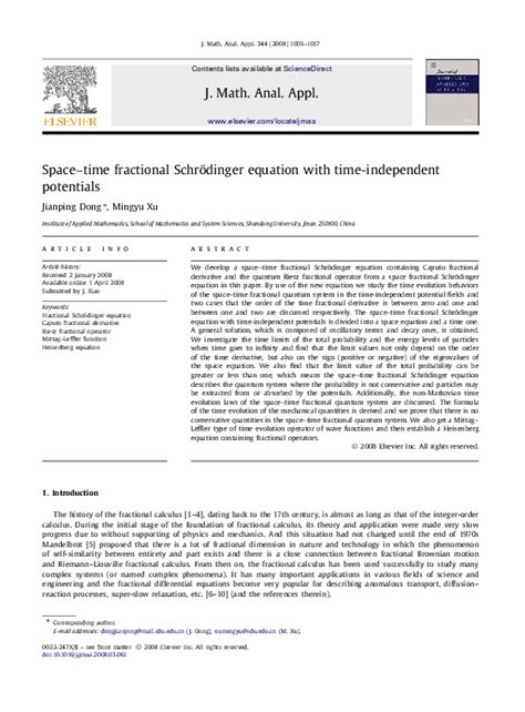 Pdf Space Time Fractional Schrödinger Equation With Time Independent