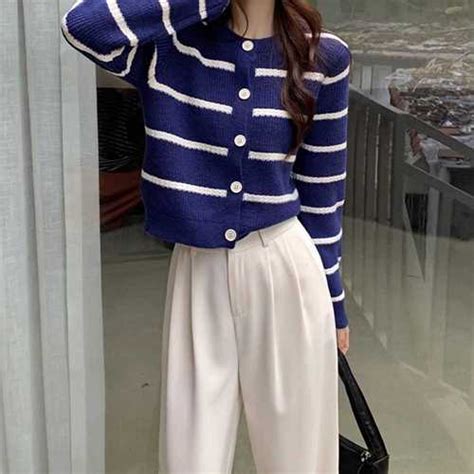 네이비 스트라이프 줄무늬 라운드넥 여성 니트 가디건 J05