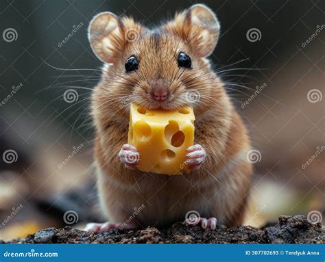 Cute Little Mouse With Cheese In The Park Little Mouse Eats Cheese