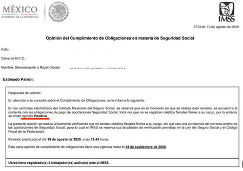 Opinión De Cumplimiento Imss Positiva Obligaciones En Materia De