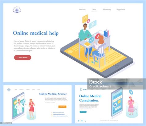 온라인 의료 서비스 웹 사이트 템플릿 전문가는 장치를 통해 원격으로 환자를 상담합니다 가공의 인물에 대한 스톡 벡터 아트 및