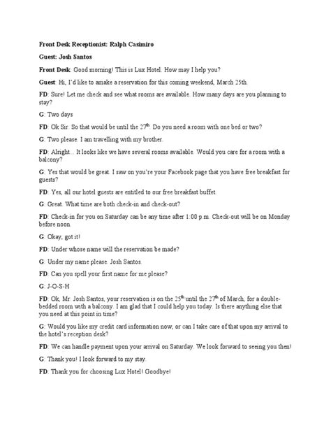 Hotel Reservation Via Telephone Script Pdf