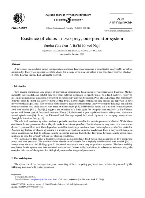 pdf existence of chaos in two prey one predator system