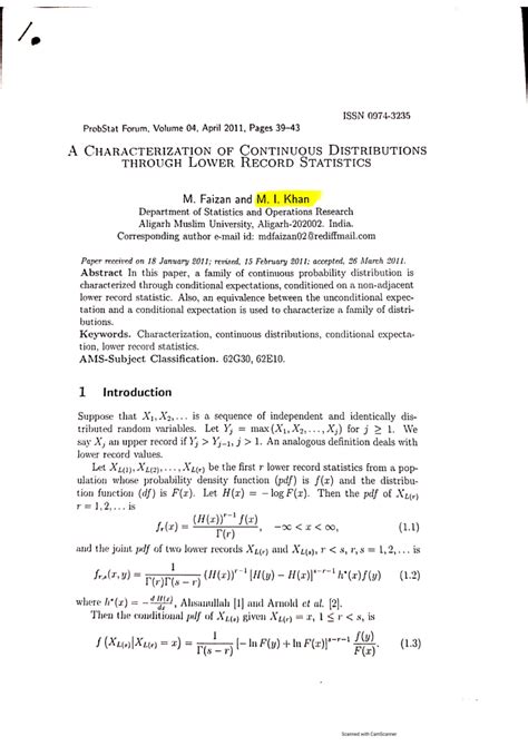 Pdf A Characterization Of Continuous Distributions Through Lower