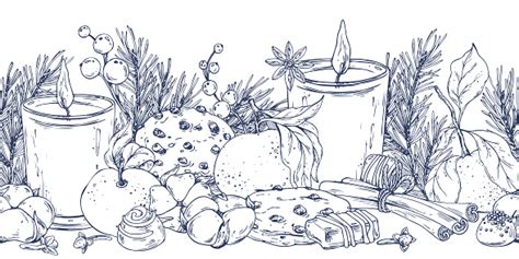 귤 양초 샴페인 과자 소나무 가지로 크리스마스 장식 검정 잉크로 손으로 그린 그래픽 일러스트 레이 션 완벽 한 테두리 패턴 Eps 벡터입니다 0명에 대한 스톡 벡터 아트 및