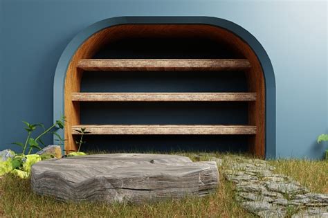 자연석과 콘크리트 연단은 제품 프레젠테이션을 포장하기 위한 빈 쇼를 위한 자연 배경에 있습니다 제품의 배경 녹색 나뭇잎이 있는