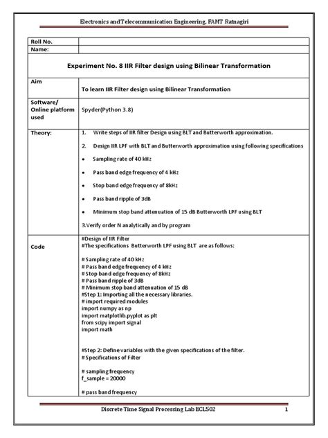 Expt 8 Iir Filter Design Using Blt And Butterwoth Approximation Pdf Filter Signal