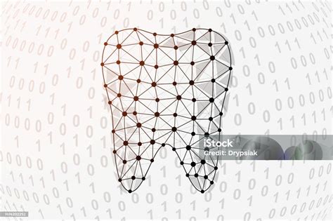 이빨 3d 바이너리 코드 배경과 낮은 폴리 기호 치과 디자인 벡터 일러스트 레이 션 연결된 점이 있는 구내과 다각형 기호 3차원 형태에 대한 스톡 벡터 아트 및 기타 이미지