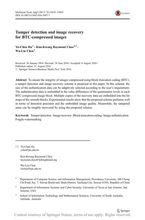 Tamper Detection And Image Recovery For Btc Compressed Images Request Pdf