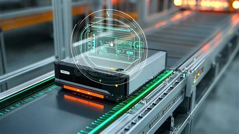 Server Moving On Assembly Line Showing Diagnostics In Futuristic